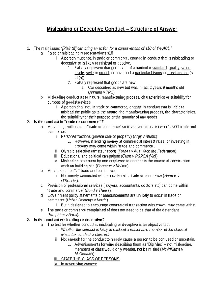 Misleading or Deceptive Conduct - Structured Answer | PDF ...
