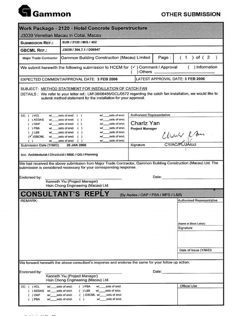 Method Statement For Installation of Catch Fan