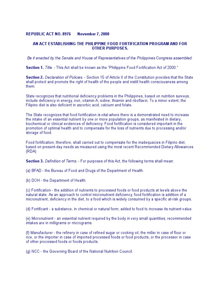 Philippine Food Fortification Act 2000 | PDF | Wellness