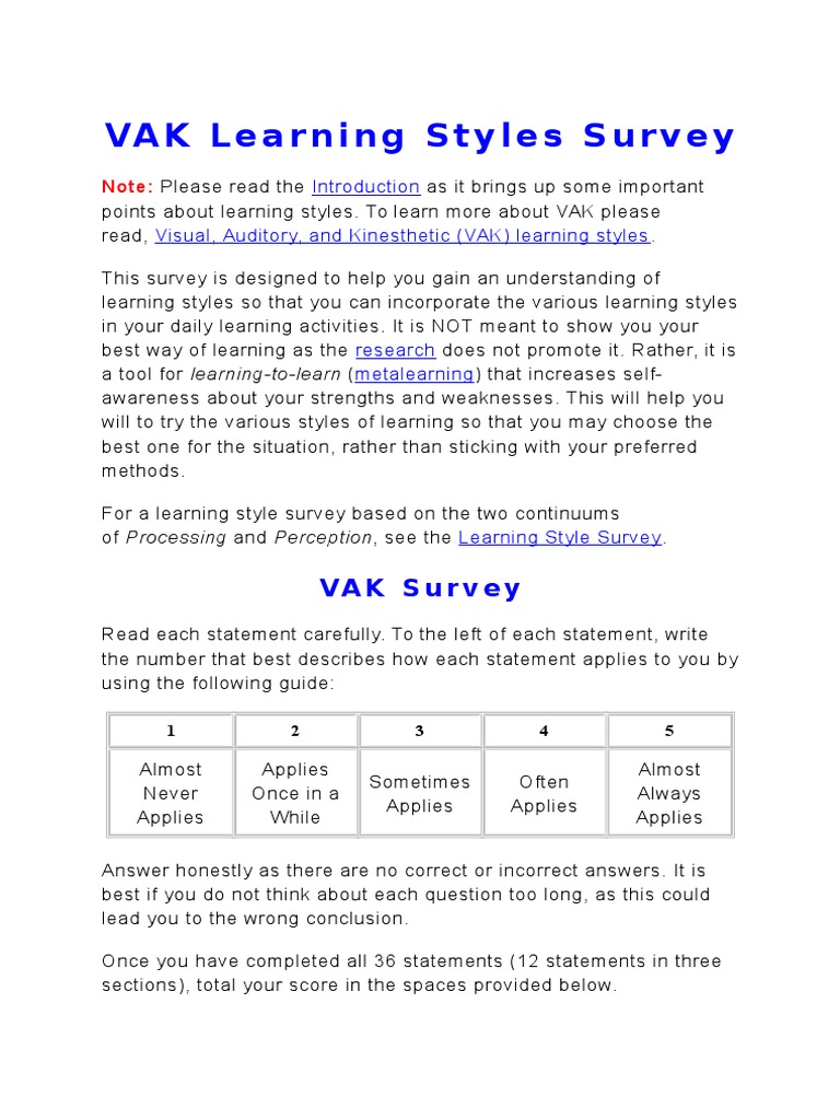 VAK Learning Styles Survey | PDF | Learning Styles | Neuropsychological Assessment