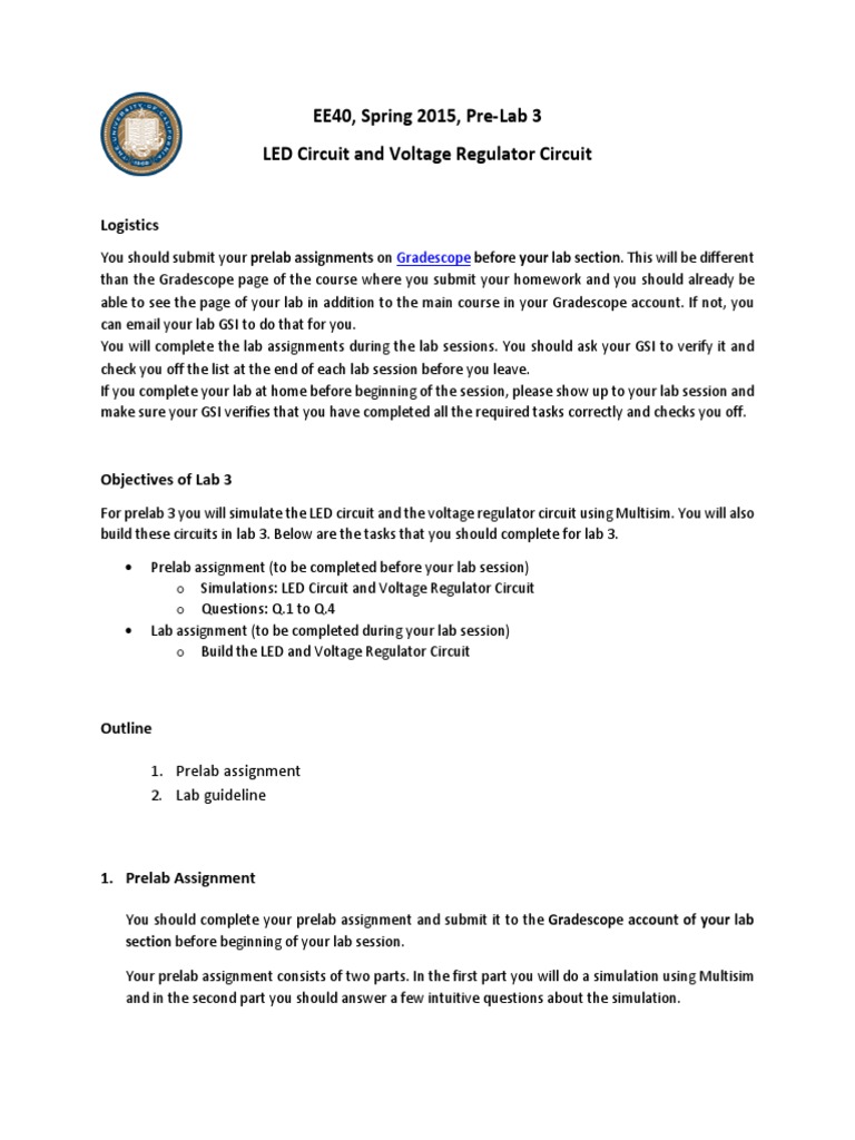 EE40, Spring 2015, Pre-Lab 3 LED Circuit and Voltage Regulator Circuit | Download Free PDF ...