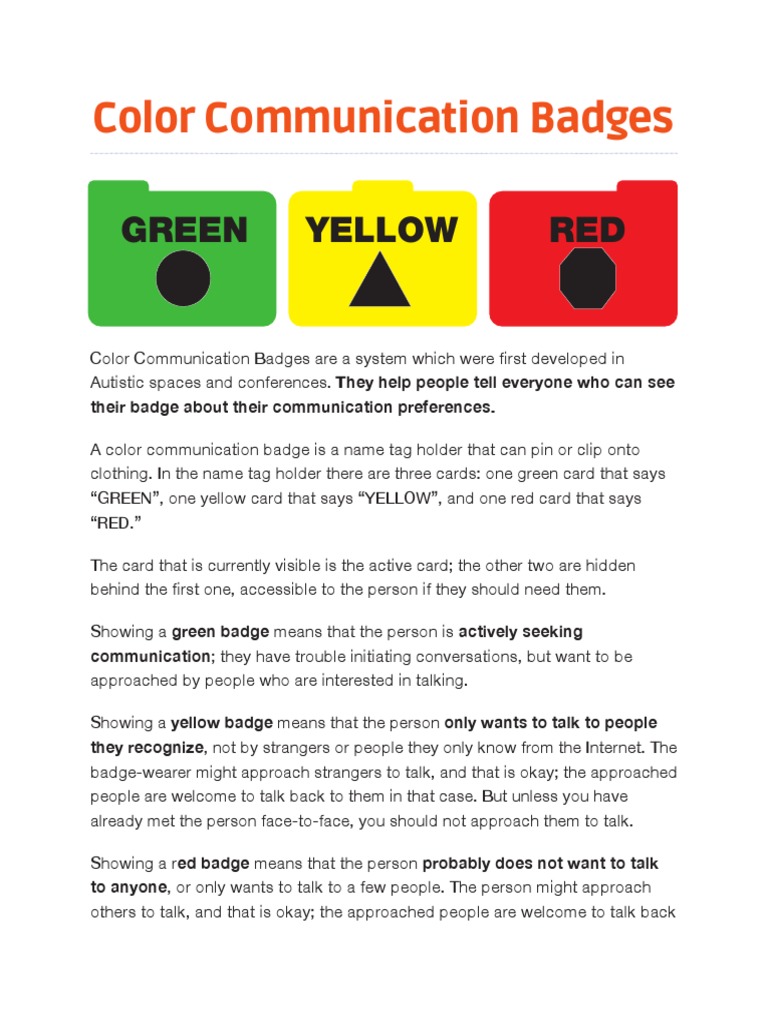 Color Communication Badges: Green Yellow RED | PDF | Autism | Disability