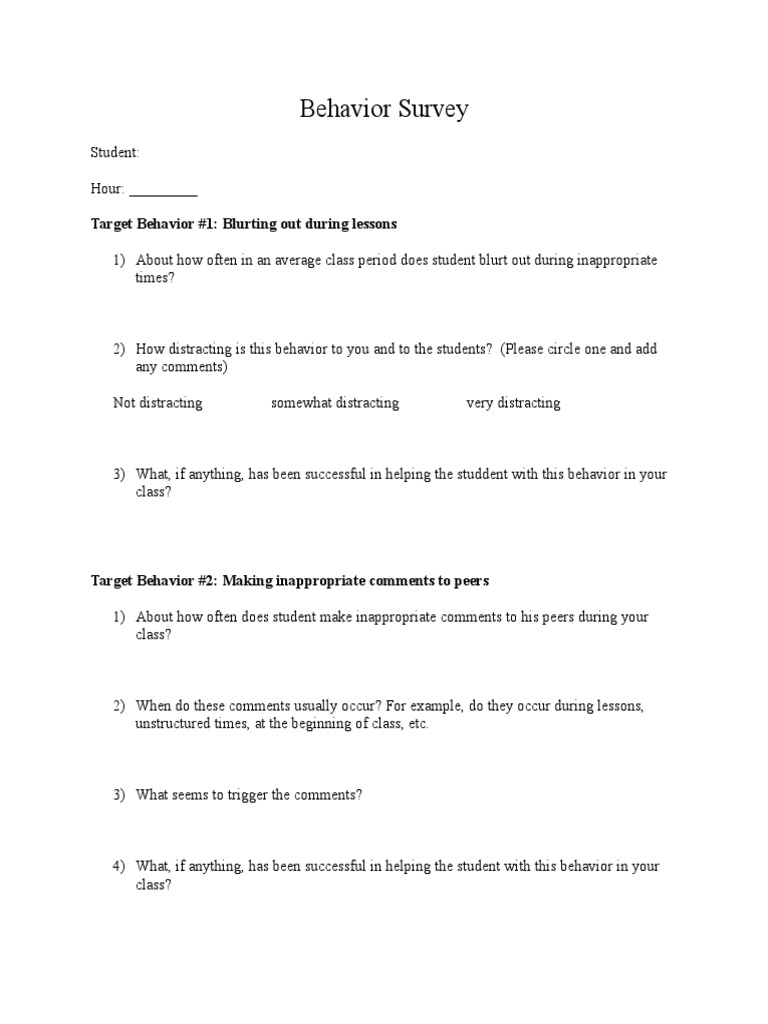 Student Behavior Survey Template | PDF | Career & Growth