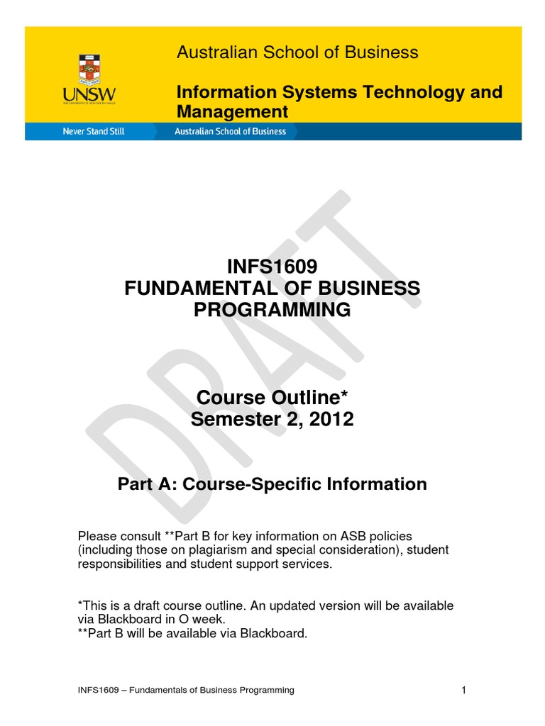 INFS1609 Fundamental of Business Programming S22012 | PDF | Lecture | Educational Assessment