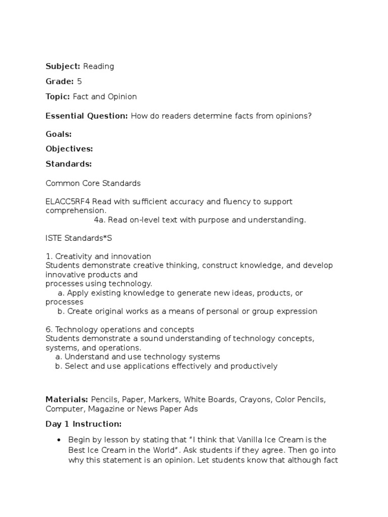 Fact vs. Opinion Lesson Plan for 5th Grade | PDF