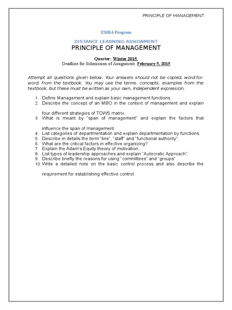 Assignment Principle of Management | PDF | Leadership | Employment