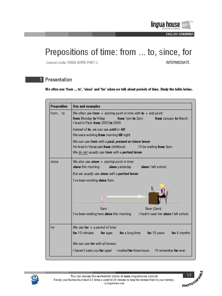 Prepositions of Time - From, Since, For | PDF | Grammatical Tense ...