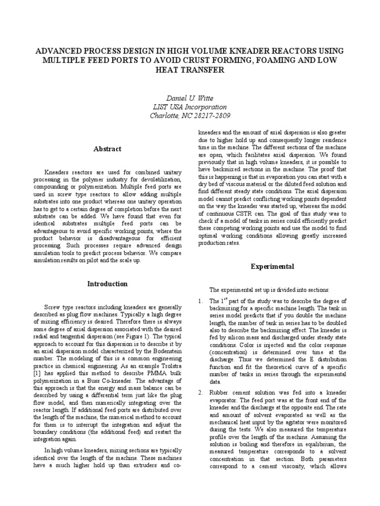 Advanced Process Design in High Volume Kneader Reactors Using Multiple Feed Ports To Avoid Crust ...
