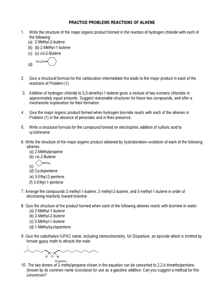 Practice Problems Reactions of Alkene | PDF | Science & Mathematics