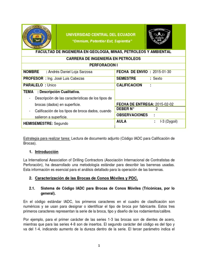 Deber de Código IADC Calificación de Brocas | PDF | Acero | Materiales