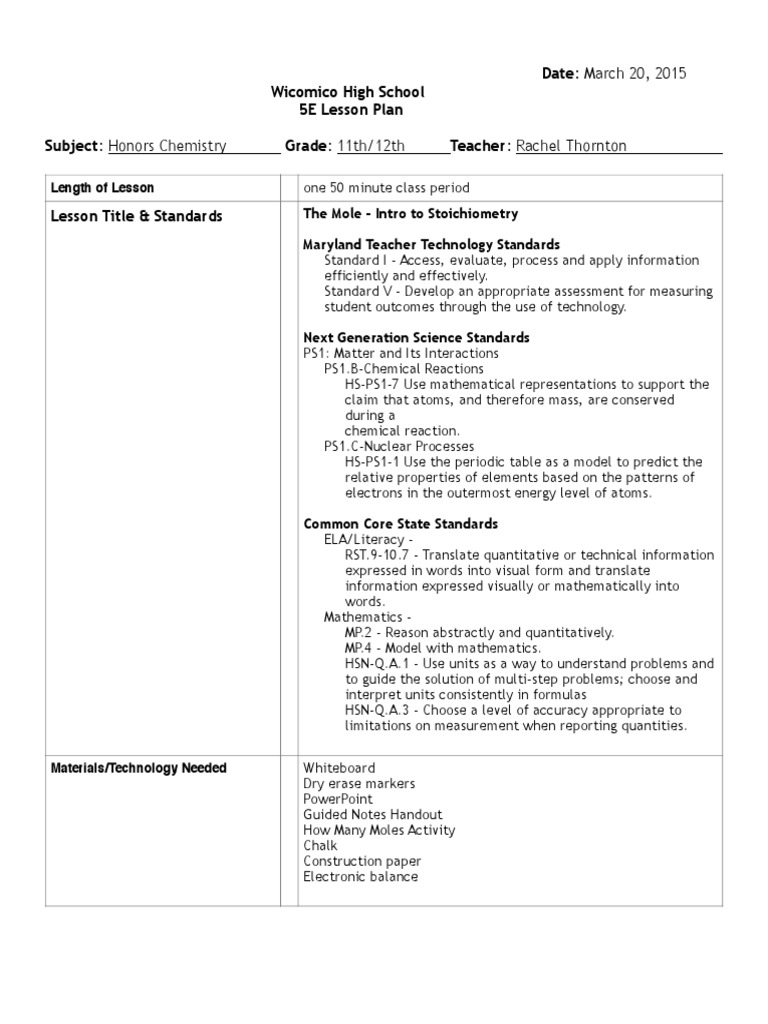 Intro to Moles in Chemistry Lesson | PDF | Mole (Unit) | Lesson Plan