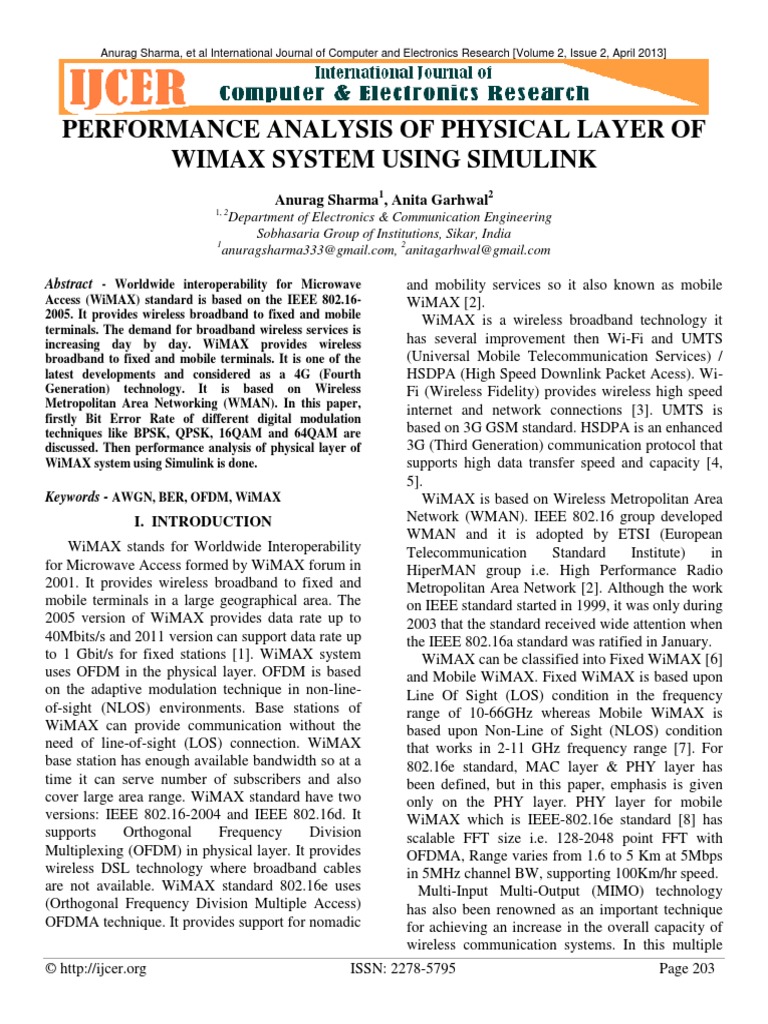 Performance Analysis of Physical Layer of Wimax System Using Simulink | PDF | Wi Max | Mimo