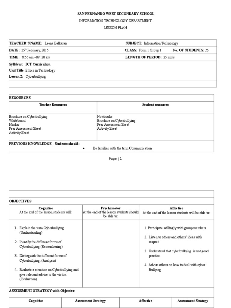 Lesson Plan 2 - Cyber Bullying Hfle Lesson | PDF | Cyberbullying ...