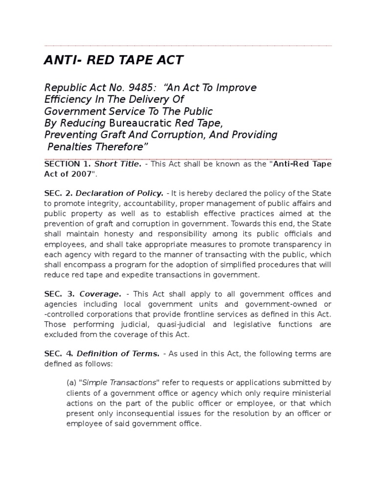 Anti-Red Tape Act (R.a. 9485) | PDF | Political Corruption | Crime ...