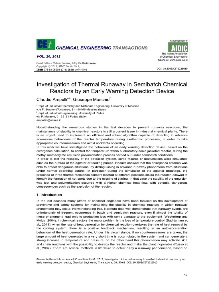 Investigation of Thermal Runaway in Semibatch Chemical Reactors by An ...