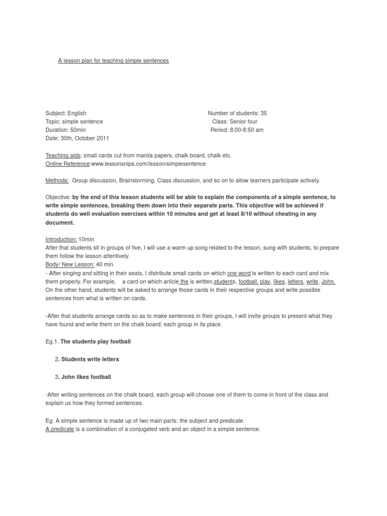 A Lesson Plan For Teaching Simple Sentences | PDF | Lesson Plan ...