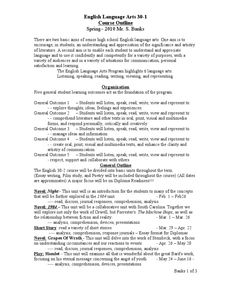 English 30 1 Course Outline Spring 2010 | PDF | Test (Assessment ...