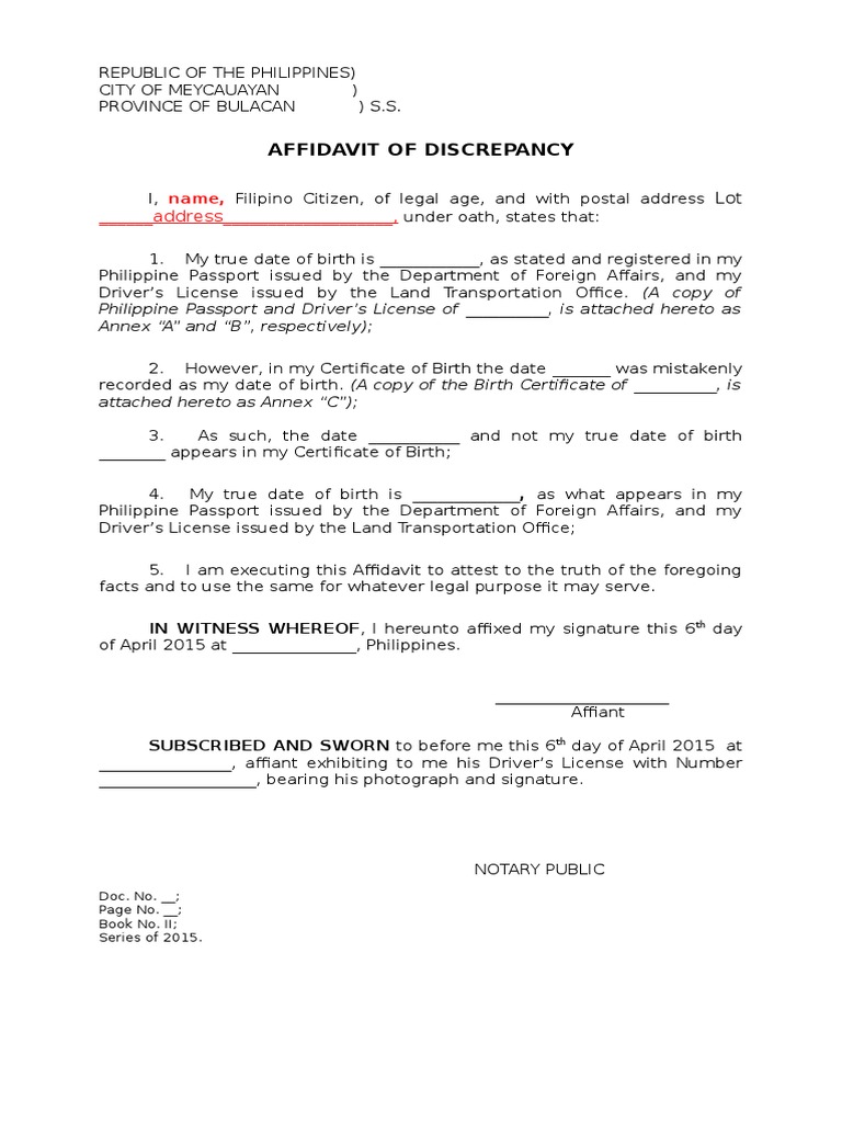 Affidavit of Discrepancy - Form | PDF