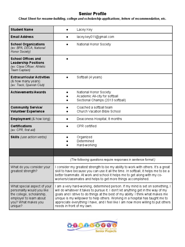 Senior Profile: Student Name Email Address School Organizations | PDF
