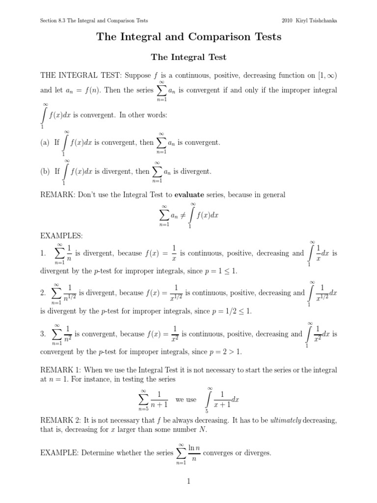 The Integral and Comparison Tests | PDF | Integral | Functions And Mappings