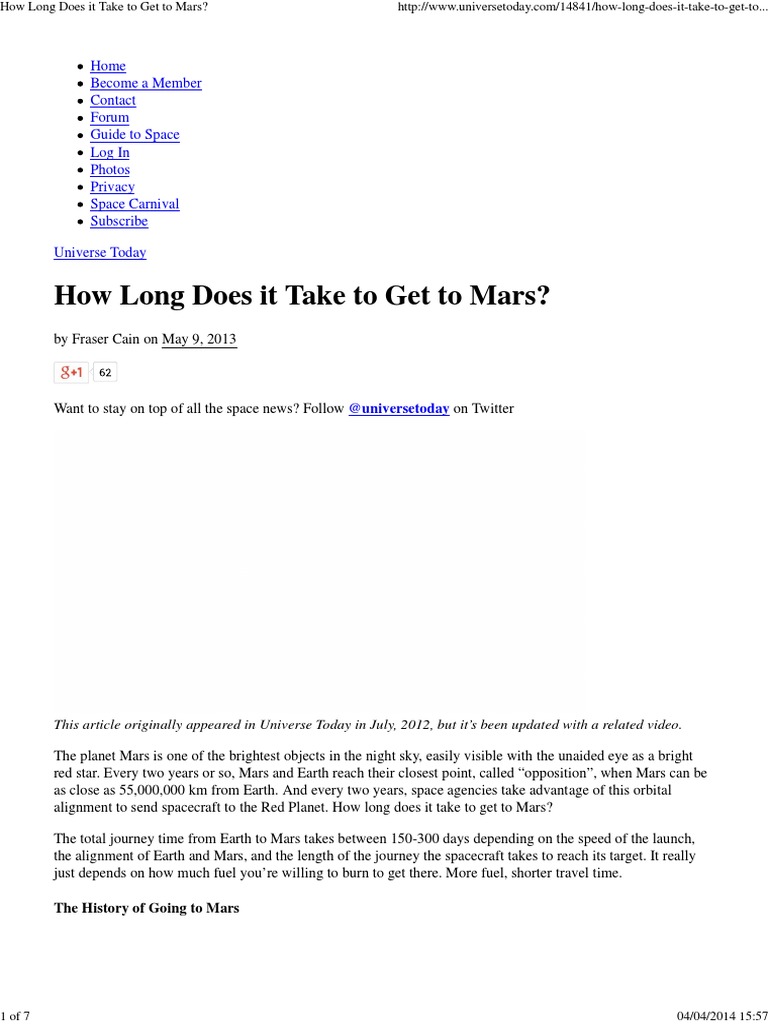 Mars Travel Time Explained | PDF | Rocket | Interplanetary Spaceflight