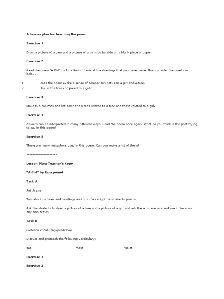Teaching Ezra Pound's "A Girl" Poem | PDF | Reading Comprehension ...