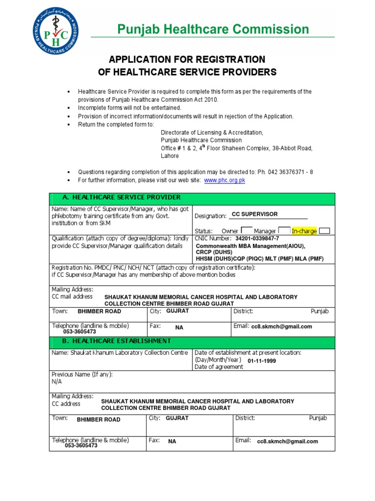PHC Healthcare Provider Registration Form | PDF | Health Care ...