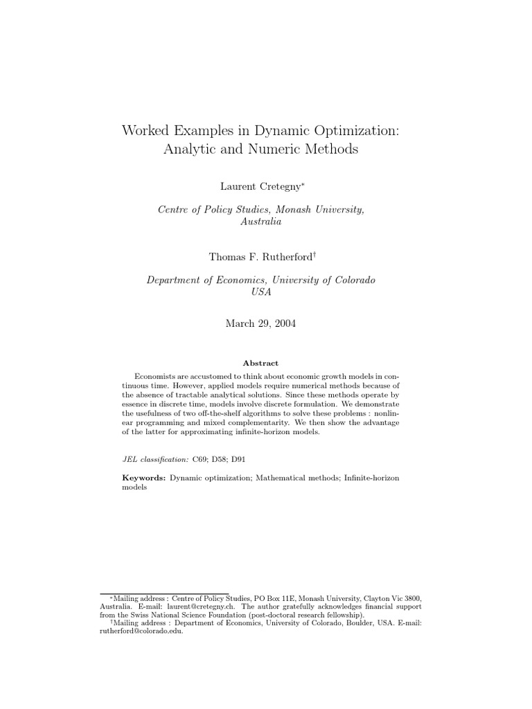 Worked Examples in Dynamic Optimization Analytic and Numeric Methods ...