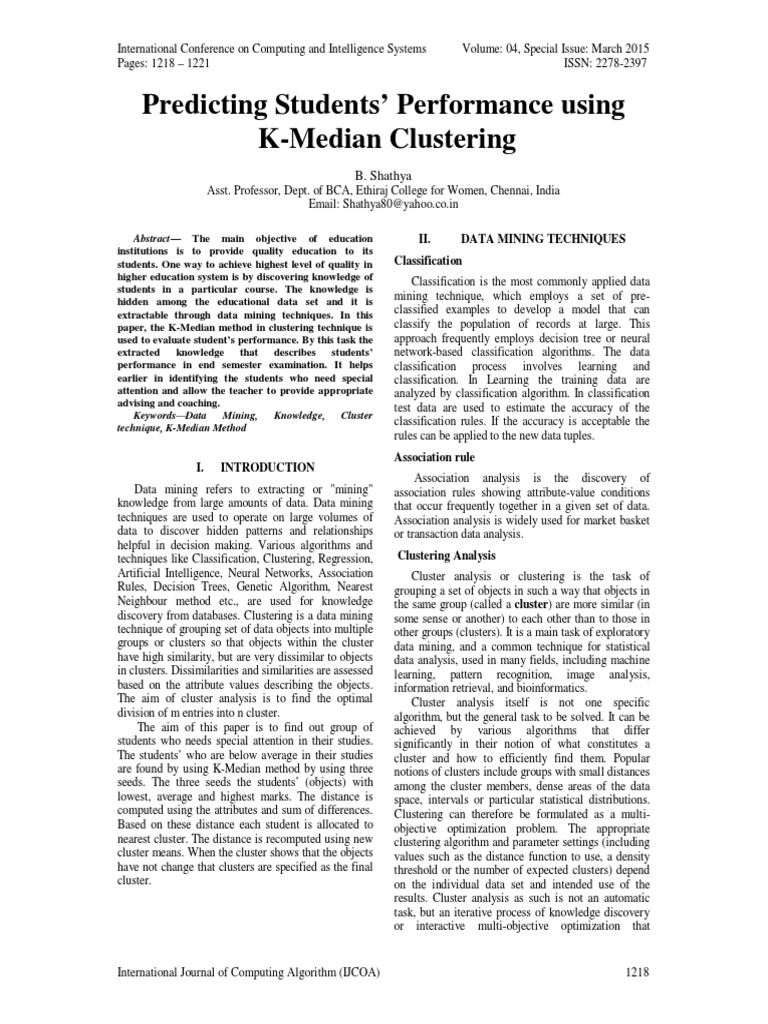 Predicting Students' Performance Using K-Median Clustering | PDF | Cluster Analysis ...