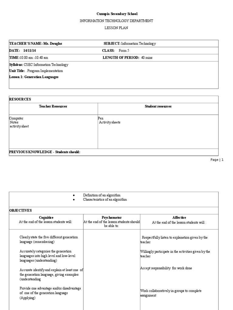 Information Technology Department Lesson Plan: Page - 1 | PDF ...
