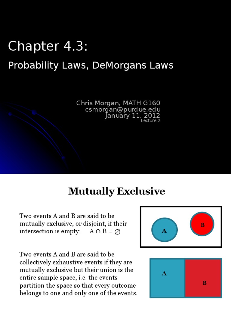 Probability Laws, Demorgans Laws: Chris Morgan, Math G160 Csmorgan ...