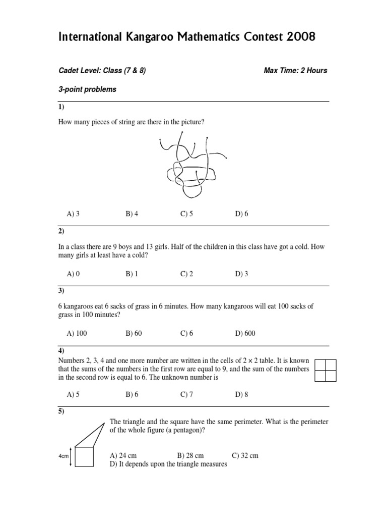 International Kangaroo Mathematics Contest 2008: Cadet Level: Class (7 ...