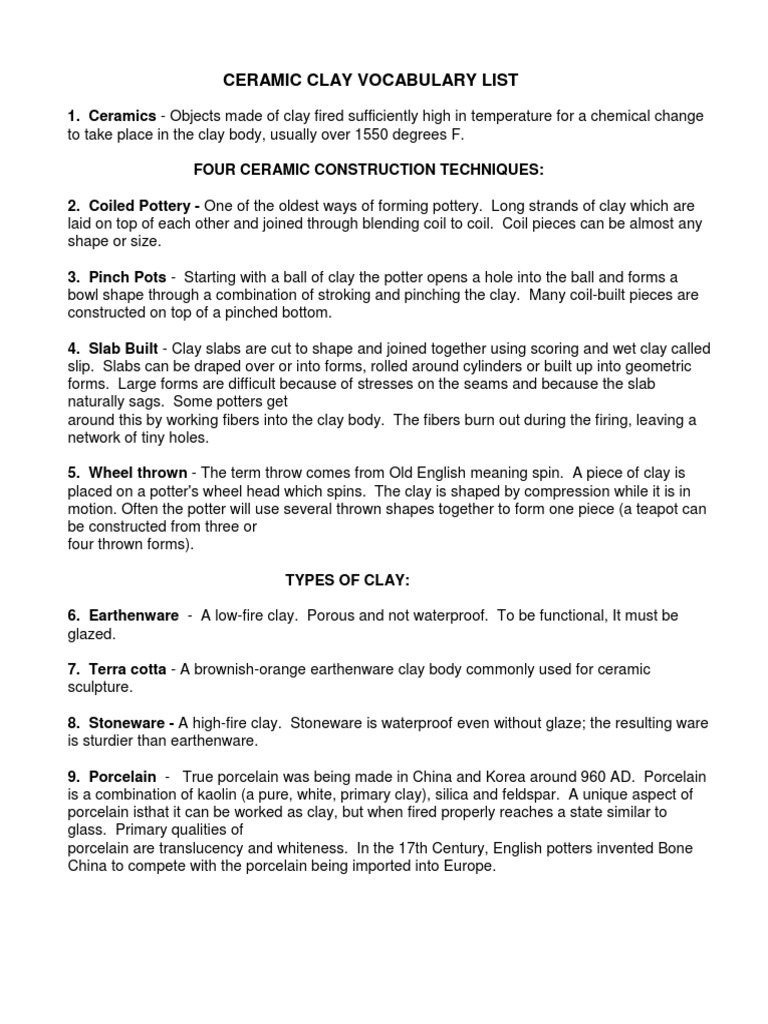 Ceramic Vocabulary List | PDF | Porcelain | Pottery