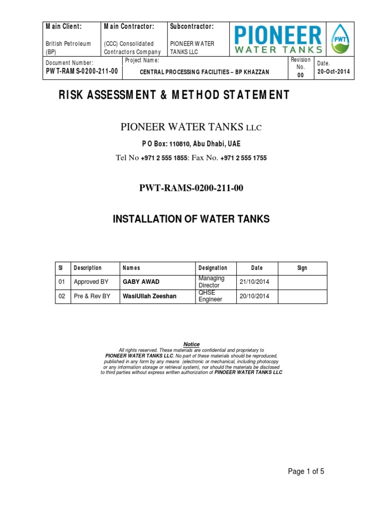 Risk Assessment & Method Statement: Pioneer Water Tanks | PDF ...