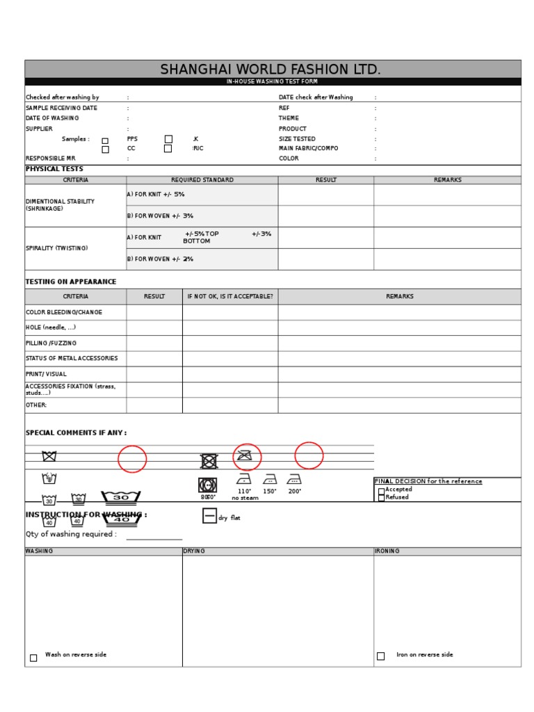 In-House Washing Test Report Format | PDF | Textiles | Clothing