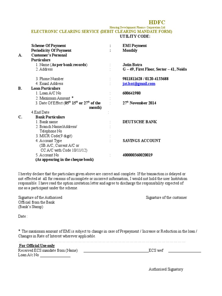Electronic Clearing Service (Debit Clearing Mandate Form) : Housing ...