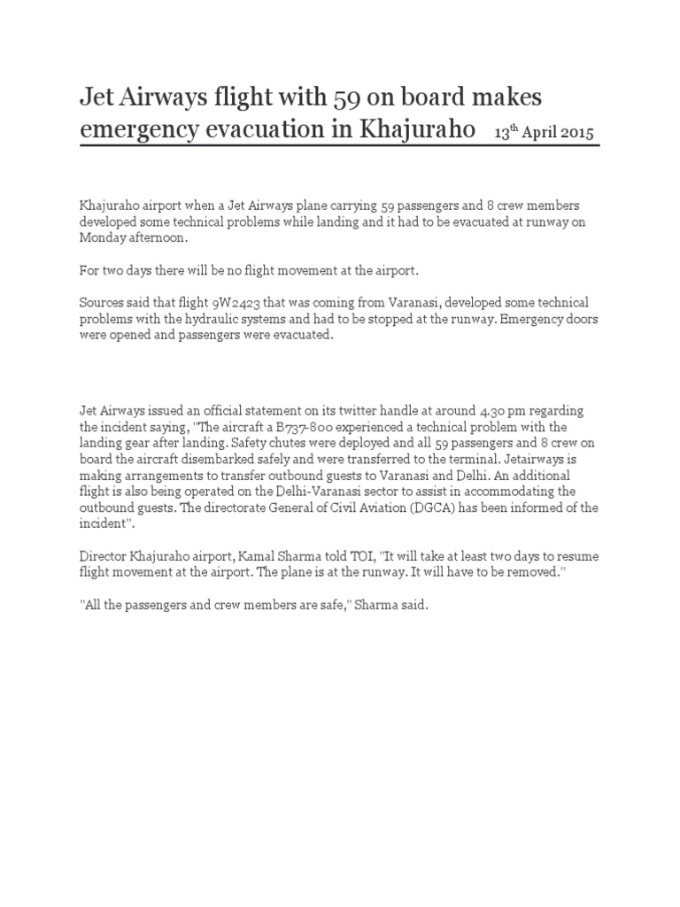 Jet Airways Flight With 59 On Board Makes Emergency Evacuation in ...