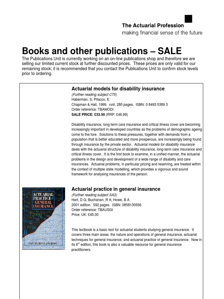 Institute of Actuaries Publications Unit Book Sale | PDF | Stochastic ...