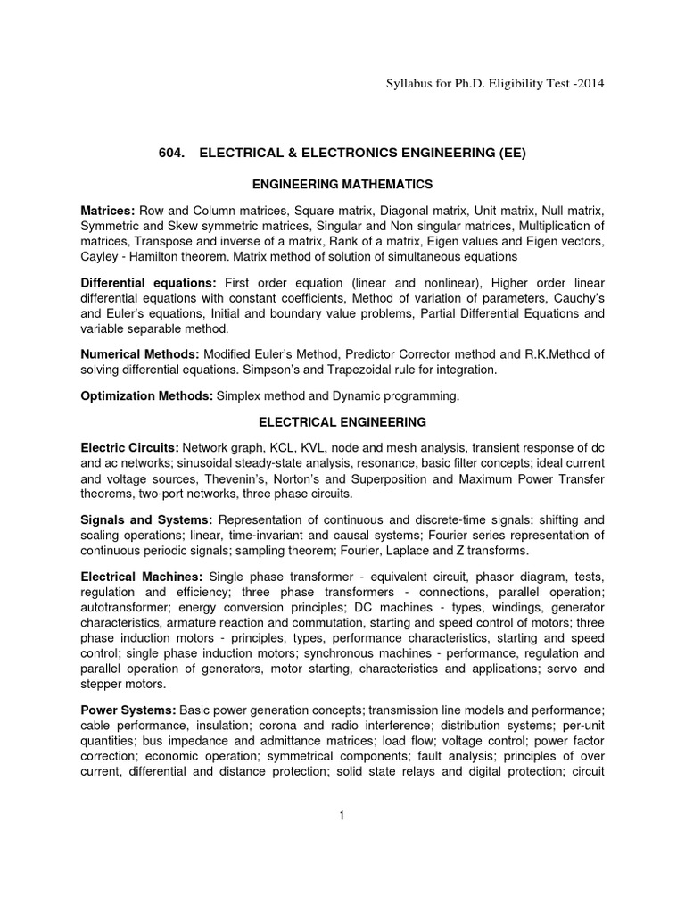 Electrical & Electronics Engineering (Ee) : Syllabus For Ph.D ...