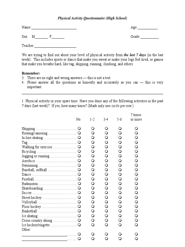 High School Physical Activity Survey | PDF | Physical Education | Sports