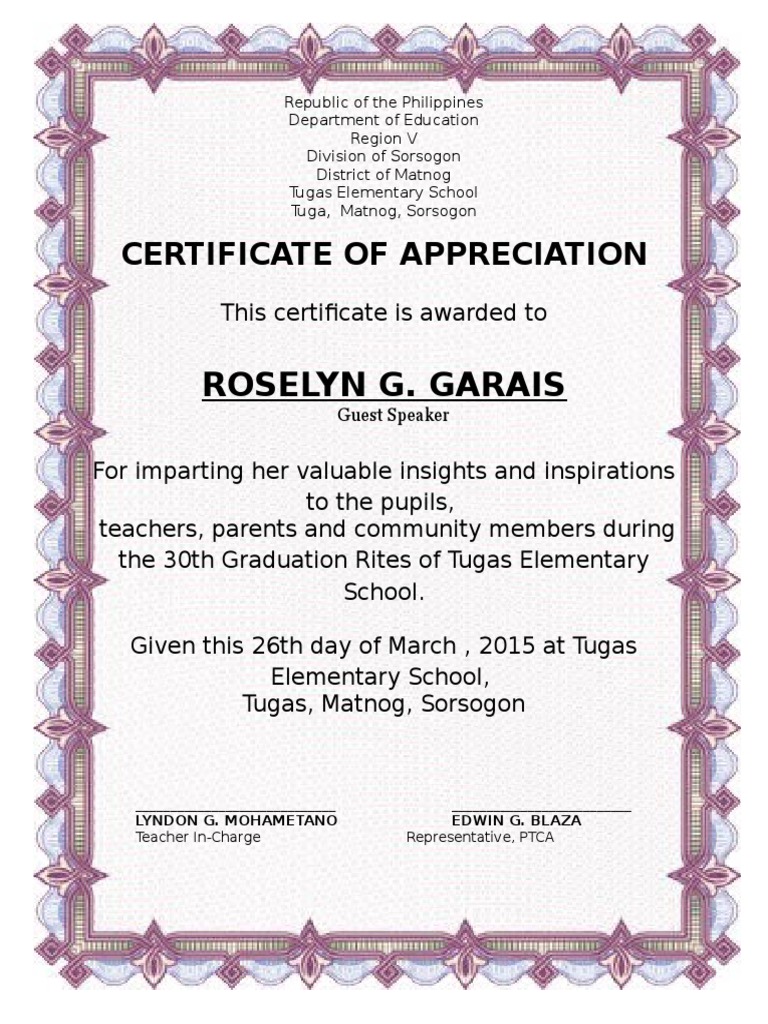 Certificate To Guest Speaker | PDF | Schools | Further Education