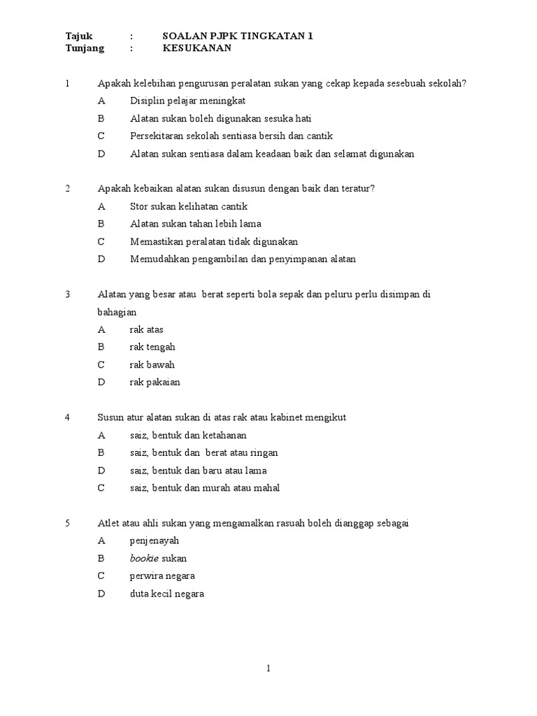 Soalan PJK Tingkatan 1 | PDF
