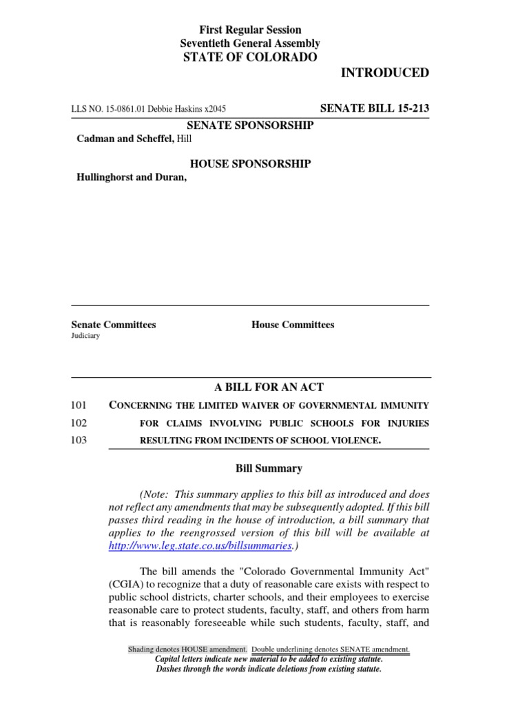 Senate Bill 15-213 | PDF | Sovereign Immunity | Duty Of Care