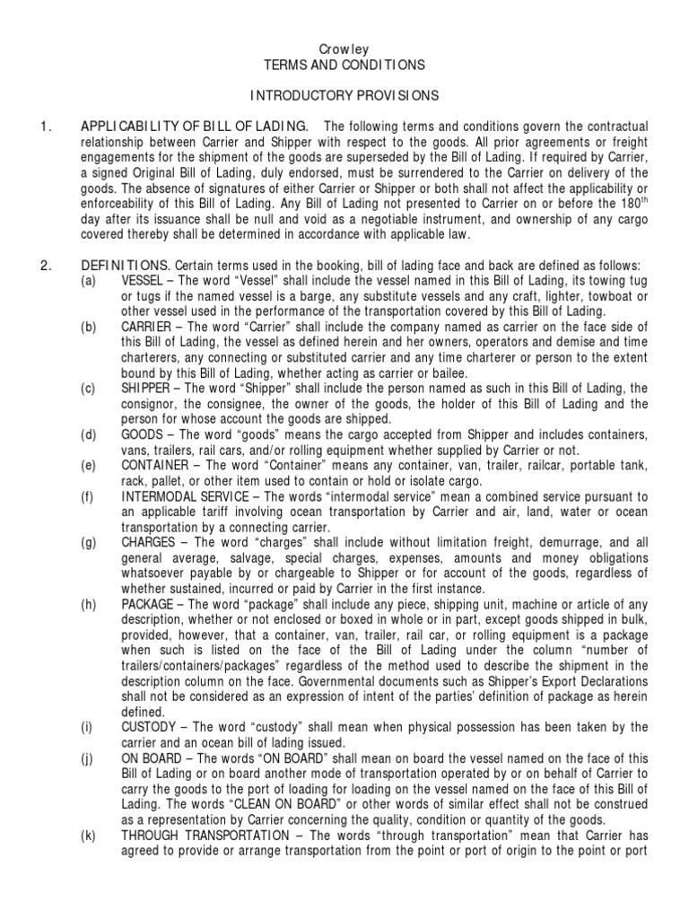 Bill of Lading - Terms and Conditions | PDF | Bill Of Lading | Cargo