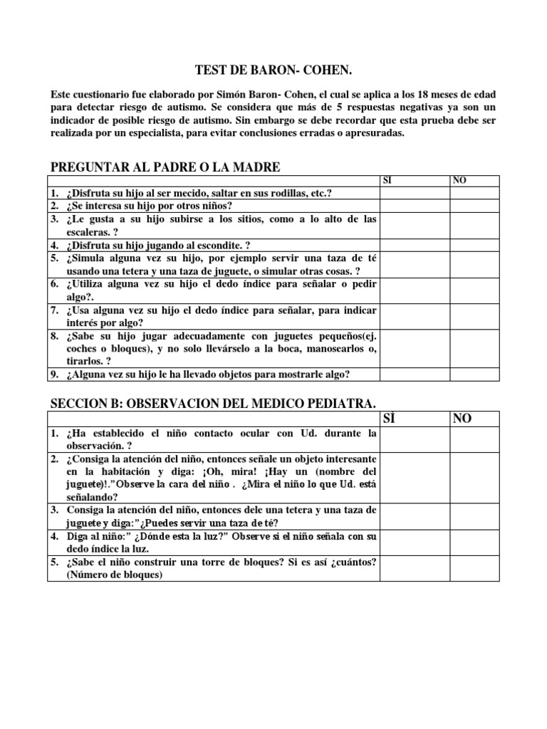 Test de Autismo de Baron-Cohen | PDF | Espectro autista | Salud y bienestar