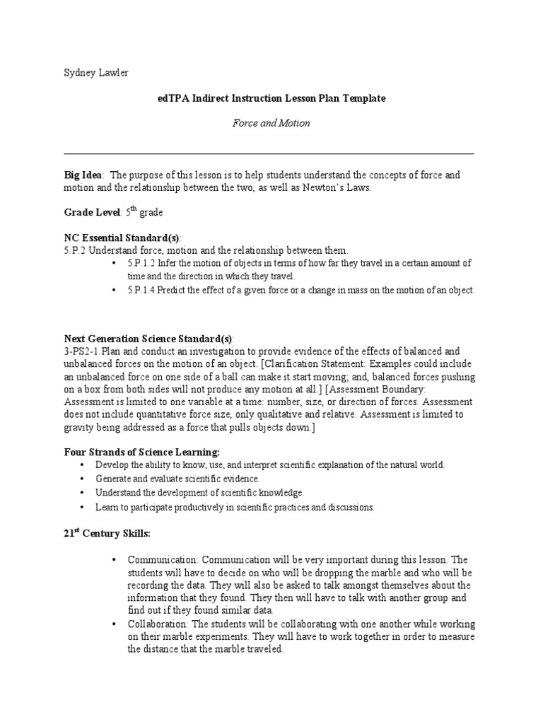 5th Grade Forces and Motion Lesson Plan | PDF | Gravity | Force