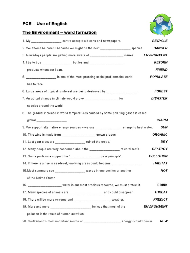 FCE Environment Word Formation | PDF | Wellness