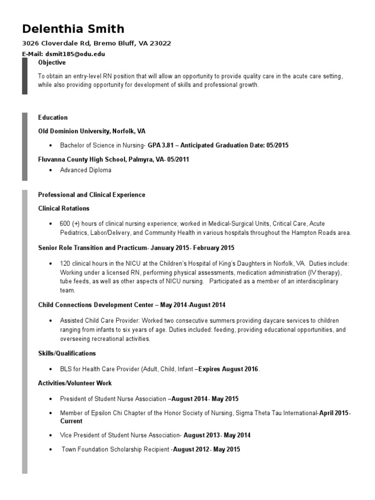 Entry-Level RN Resume for Delenthia Smith | PDF | Self-Improvement