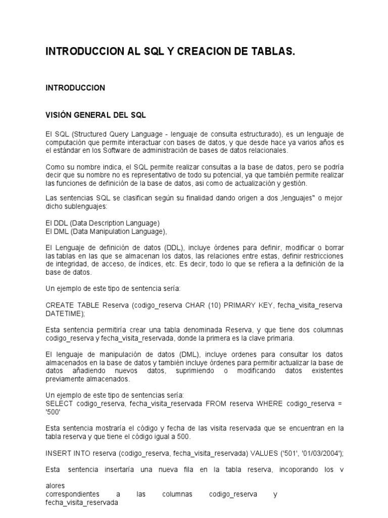 Introduccion Al SQL y Creacion de Tablas DDL | PDF | SQL | Tabla (base ... Introduccion Al SQL y Creacion de Tablas DDL | PDF | SQL | Tabla (base ...