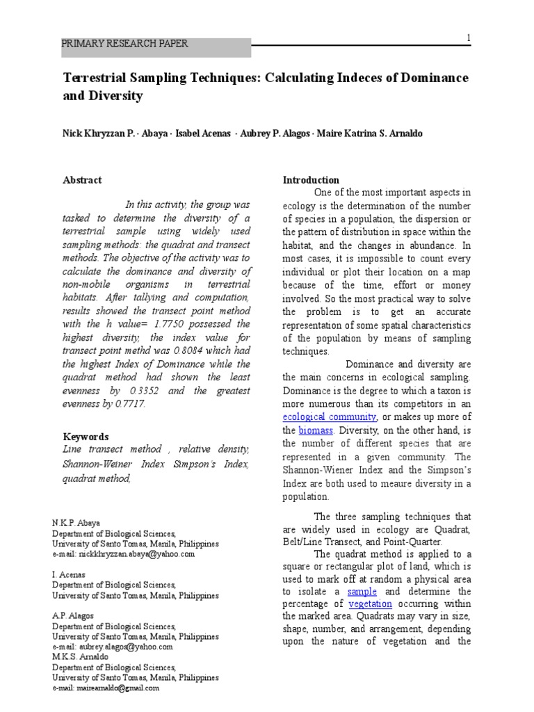 Dominance and Diversity in Sampling Methods | PDF | Ecology ...